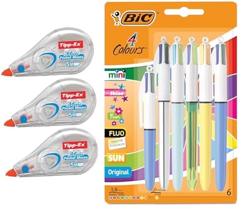 BIC 4 Colours Ballpoint Pens Assorted Ink, Pack of 6 & Tipp-Ex Mini ...