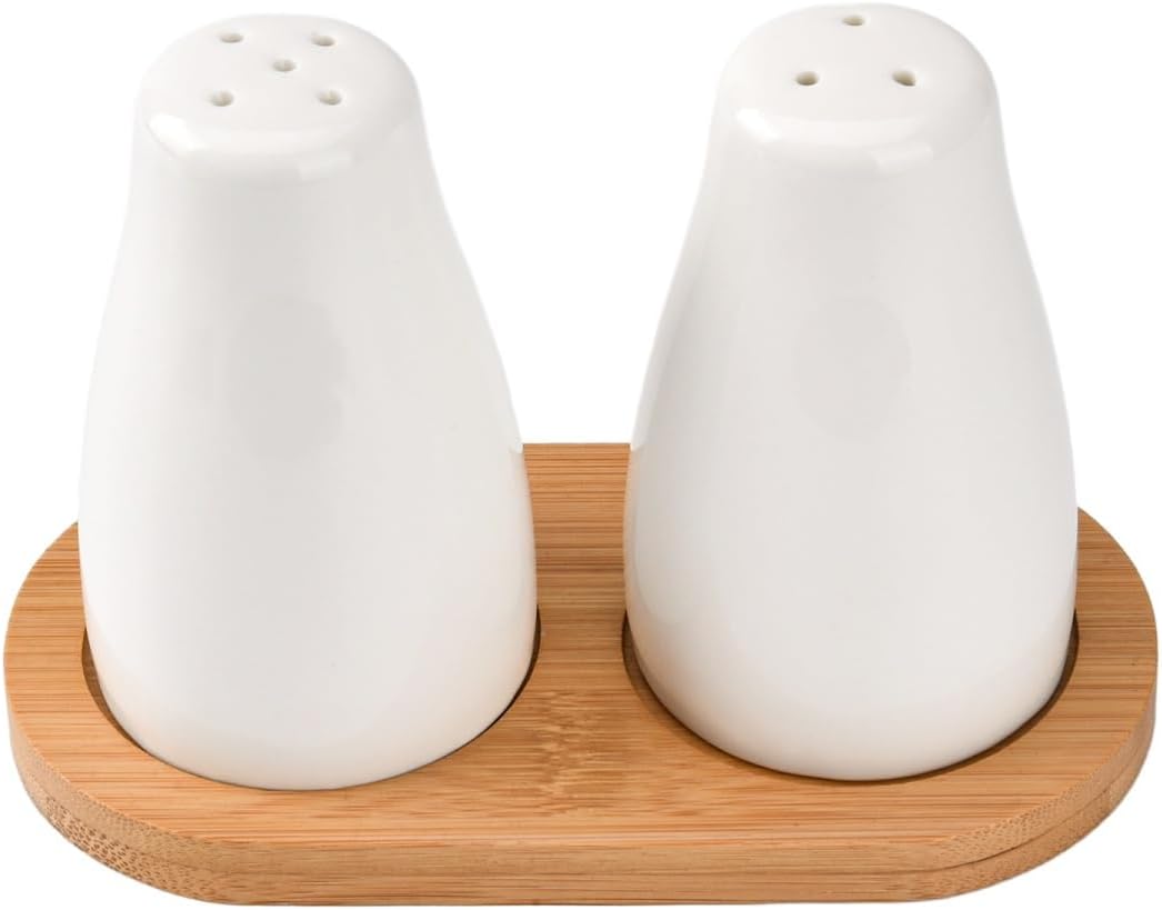 Amazon.com: Salt and Pepper Shakers Set with a Bamboo Tray Ceramic Salt ...
