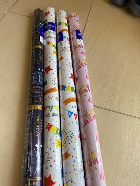 Pack of 4 x 3M Happy Birthday Gift Wrapping Paper Roll - Multipack Gift ...
