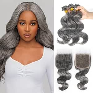 Amazon.com : KRN Gray Human Hair Bundles with Closure, 12A Salt ...