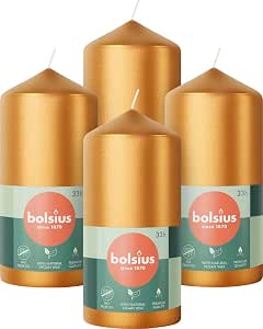 Bolsius Pillar Candles - Metallic Gold - Pack of 4-12 x 6 cm - Long ...