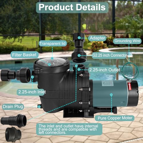 2 HP 110 V/220 V 6840 GPH 1500 W Self-Priming Pool Pump for Residential ...