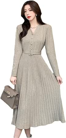 HAN HONG Autumn Winter Elastic Knitted Sweater Dresses Women Pleats A ...
