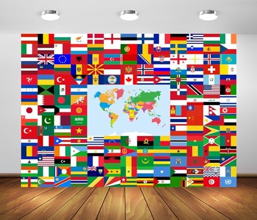 Amazon.com: BELECO 7X5ft Fabric World Flags Backdrop World Map ...