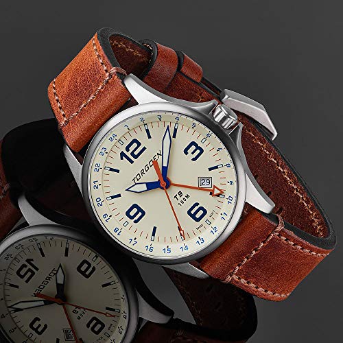 Buy Torgoen T9 Cream GMT Pilot Watch for Men, Swiss Quartz, Mineral ...