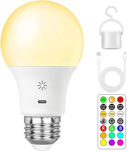 LED Rechargeable Light Bulbs with Remote ＆ Touch Dimmable, E26 Battery ...