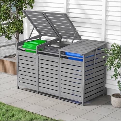 Warmiehomy 3 Bin Outdoor Shed Storage - Wooden Wheelie Bin Hideaways ...
