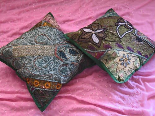Amazon.com: 2 SARI MOTI THROW TOSS GREEN INDIAN PILLOWS CUSHIONS : Home ...