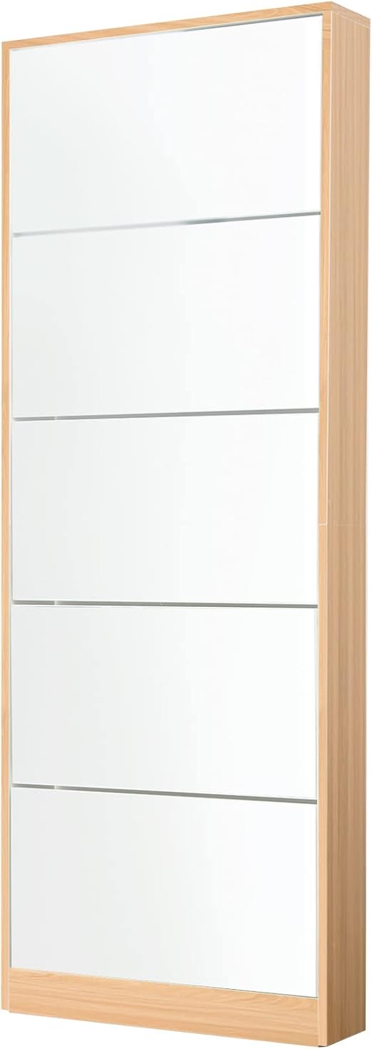 Amazon｜OSJ ミラー付 シューズラック 5段 薄型 スリム 奥行17 木製 ナチュラル｜据え置き型シューズラック オンライン通販