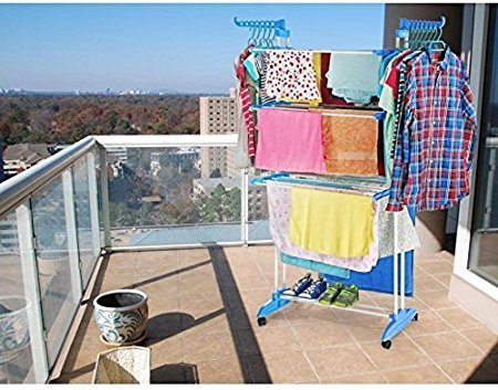 TAPUJI Foldable Rolling Clothes Laundry Drying Rack, Double Pole Rail ...