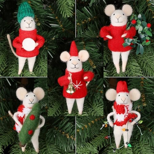 Juegoal Christmas Felt Mice Ornaments Set of 5, Xmas Wool Mouse Hanging ...