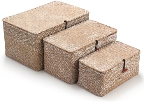 Seagrass Cestas Mimbre Decoración Cesto de Almacenaje Con Tapa Rectangular Tejido de Ratán Caja ...