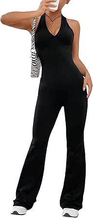Amazon.com: SOLY HUX Flare Leg Jumpsuit for Women Sleeveless Halter ...
