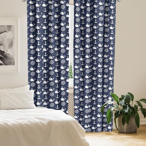 Navy Blue Maritime Whales Anchors Nautical Curtains