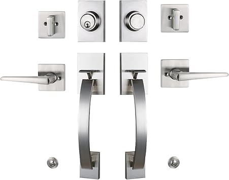 NEWBANG Silver Double Doors Handle Lock Set【 for Front & Entry Door ...