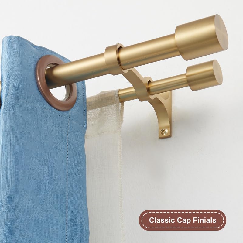 Warm Gold Double Rod Curtain Rods 72-144" with Cap Finials