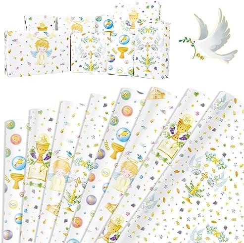 DPKOW 8 Sheets Communion Christening Wrapping Paper Angel Doves Fish ...