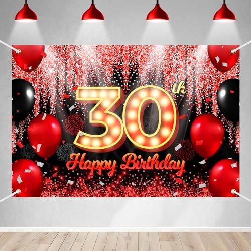 Amazon.com : Happy 30th Birthday Backdrop Banner Black and Red Theme ...