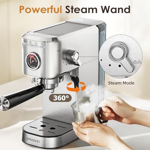 Spacekey Espresso Machine 20 Bar, Professional 1350W Espresso Maker with Milk Frother, Compact ...