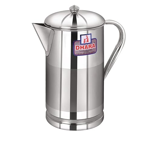 Dhara Stainless Steel 2L Water Jug with Lid, Slim Steel Jug for Dining ...