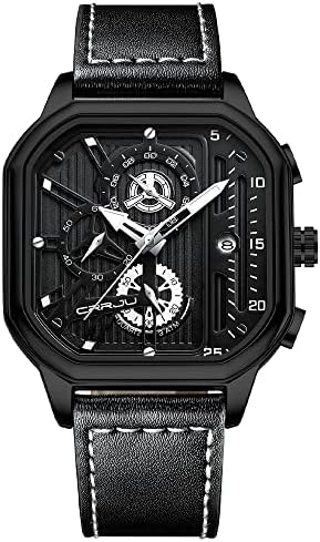 Men's Square Chronograph Watch - Big Face, Black Leather, Date Analog ...