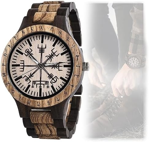 FANDAO VIKING Herren Holzuhren, Vegvisir Tattoo-Zifferblatt, Retro ...