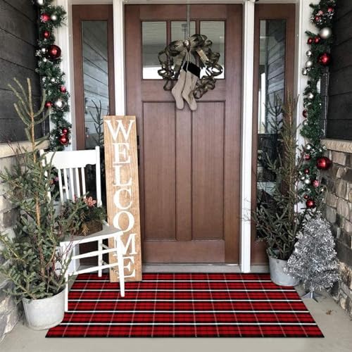 LEEVAN Buffalo Plaid Door Mat 3'x 5', Black and Red Plaid Porch Outdoor ...