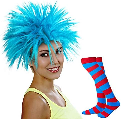 Amazon.com: CY2SIDE Funky Cosplay Pack With Blue Fuzzy Wig and Striped Socks, Faux Crazy Costume ...