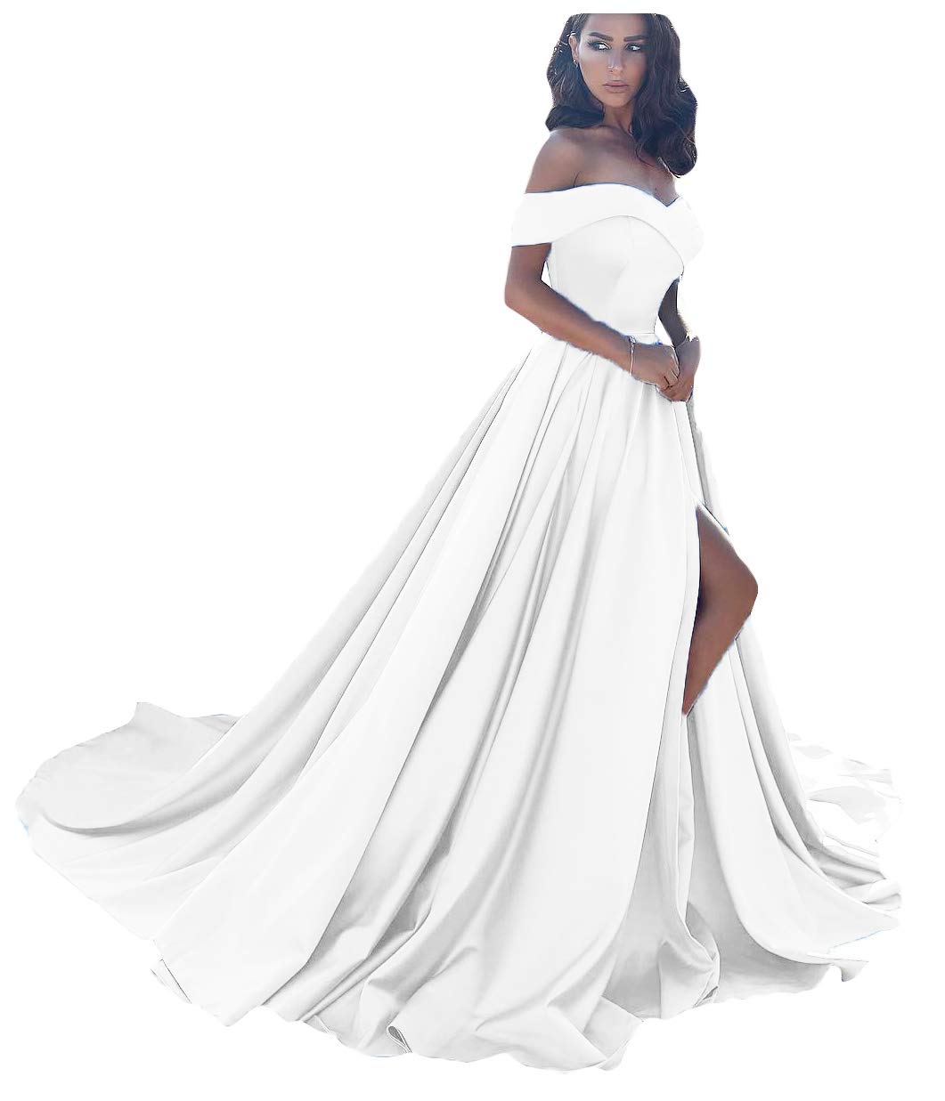 Off The Shoulder Satin Prom Dresses Long Split Ball Evening ...