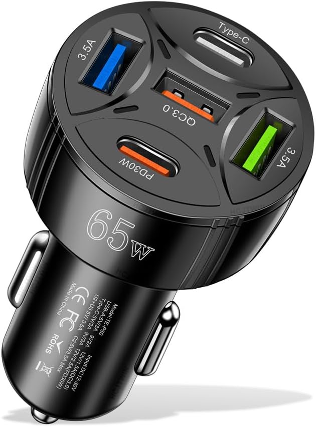 Amazon.com: 65W 5 Port USB C Car Charger, PD30W &QC3.0 Fast Charging ...