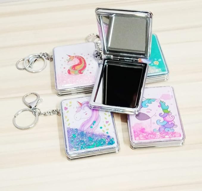 Printed Pocket Mirror Keychain | Water Glitter Mirror Key Ring | Small ...