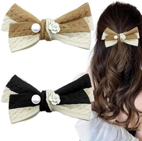 Amazon.com : 2 PCS Pearl Hair Bows Clips,Handmade Knitting Hair Clips ...
