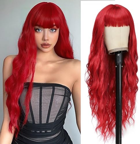 Amazon.com : Red Wig with Bangs, Red Curly Wig for Women, Curly Wavy ...