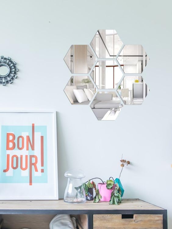 Buy Hexagon 7 Silver Mirror Stickers for Wall, Hexagon Mirror Wall ...