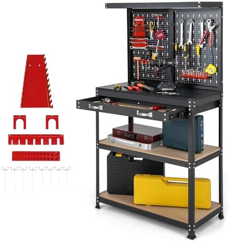 TANGZON Workbench with Pegboard, Multi-Use Workbench with 4 Shelves ...