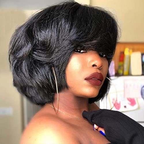Amazon.com : Yaki Straight Bob Human Hair Wig With Bangs Scalp Top Wavy ...