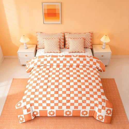 Amazon.com: 7 Pieces Orange Grid Comforter Set Full Size, Geometric ...