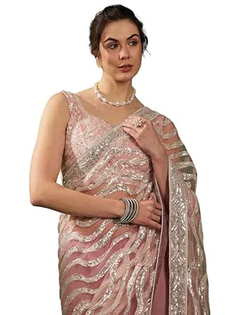 Buy AKHILAM Women's Net Embellished Saree With Unstitched Blouse Piece(Pink_VEDNSHI2294A_VD) at ...