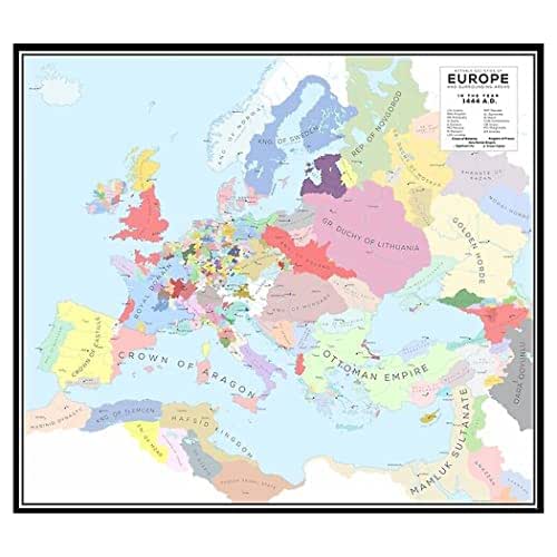 Amazon.com: Map Of Europe In 1444 Poster Trendy Colorful Wall Art Print ...