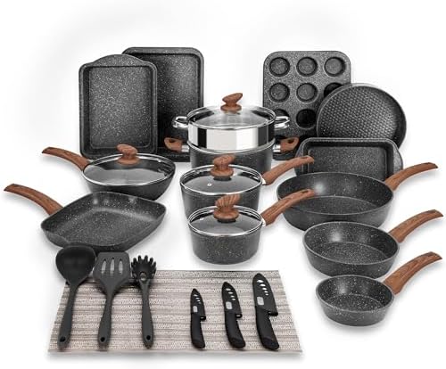 Amazon.com: Kitchen Academy Pots and Pans Set Non Stick - 30 Pcs Black Granite Induction Kitchen ...