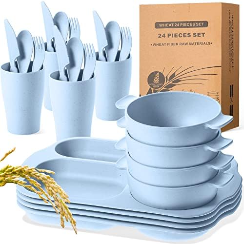 Amazon.com: Honoson 24 Pcs Wheat Straw Dinnerware Cutlery Set Including ...