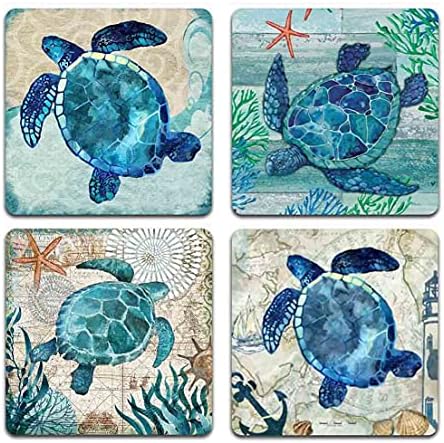 Amazon.com: Hand Drawn Colorful Sea Turtle Round Coaster Set of Drink ...