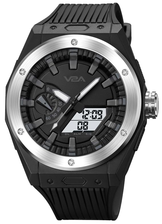V2A Mens Watch Dual-Display Alloy Screw Bazel 50m Waterproof Watch ...