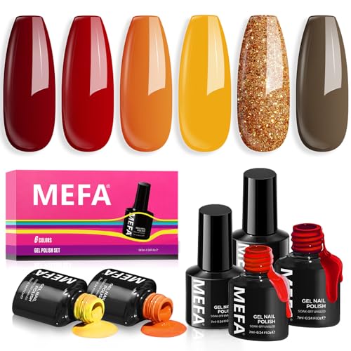 MEFA 6 Colors Gel Nail Polish Set, Shades Orange Red Brown Glitter ...