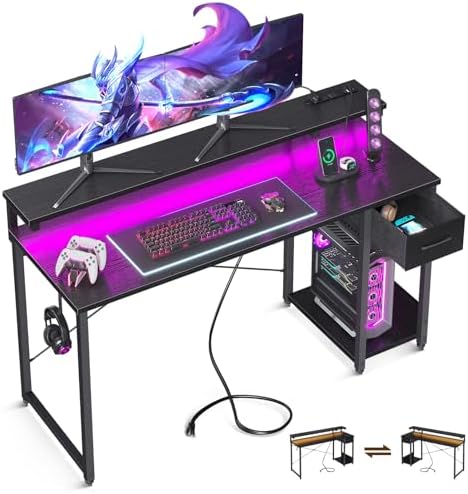 Amazon.com: AODK Gaming Desk with LED Lights & Power Outlet, 55 Inch ...