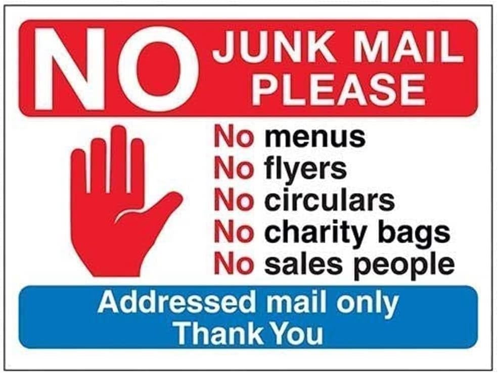 VSafety Polite Notice: No Junk Mail, Menus or Flyers Sign - 200mm x ...