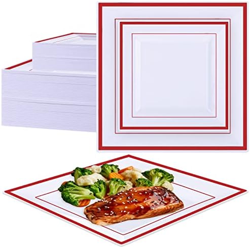 Amazon.com: 100 Pcs Square Plastic Plates Disposable Dinnerware Set 50 ...