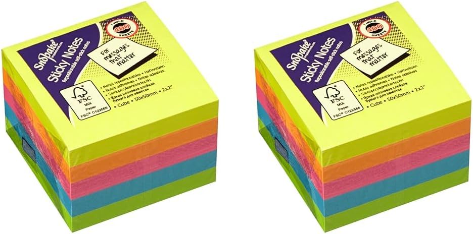 Snopake 50 x 50 mm Neon Assorted Sticky Notes [Pack of 2, 400 Sheets ...
