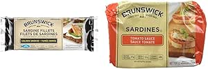 Brunswick Sardine Fillets Seafood Snacks Golden Smoked 92g, 18 Count & Sardines in Tomato Sauce ...