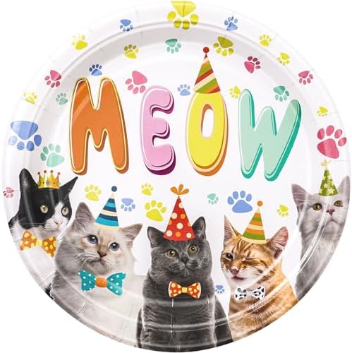 Amazon.com: AnyDesign 30Pcs Meow Cat Theme Plate Cat Birthday Party ...